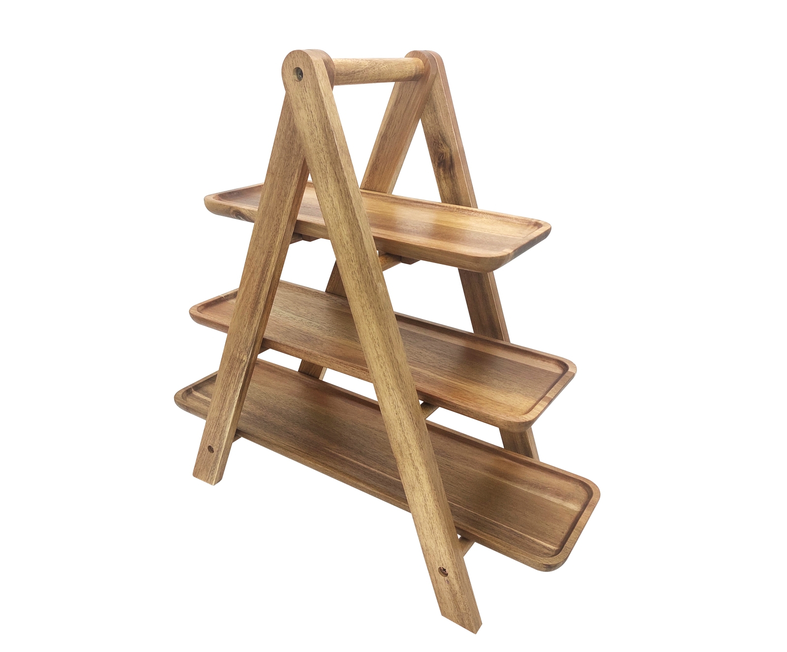 11090: 3 tiered frame serve, Acacia, natural varnish