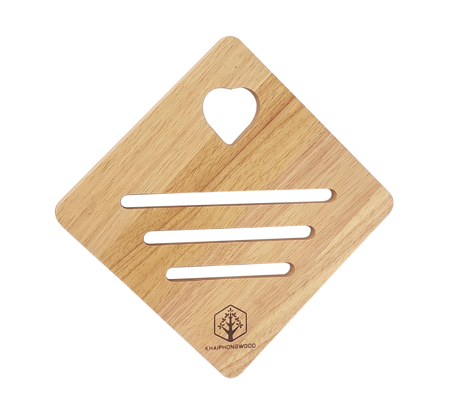 10054: Square trivet with 3 slots and 1 heart hole, natural varnish